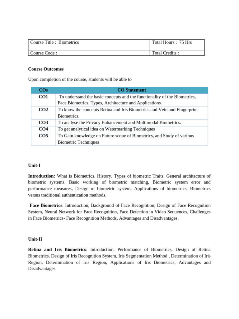 Biometrics syllabus | PDF | Pl/Sql | Relational Database Biometrics syllabus | PDF | Pl/Sql | Relational Database