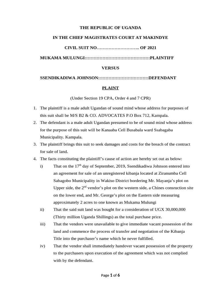 Plaint and Accompaning Documents | PDF | Lawsuit | Common Law