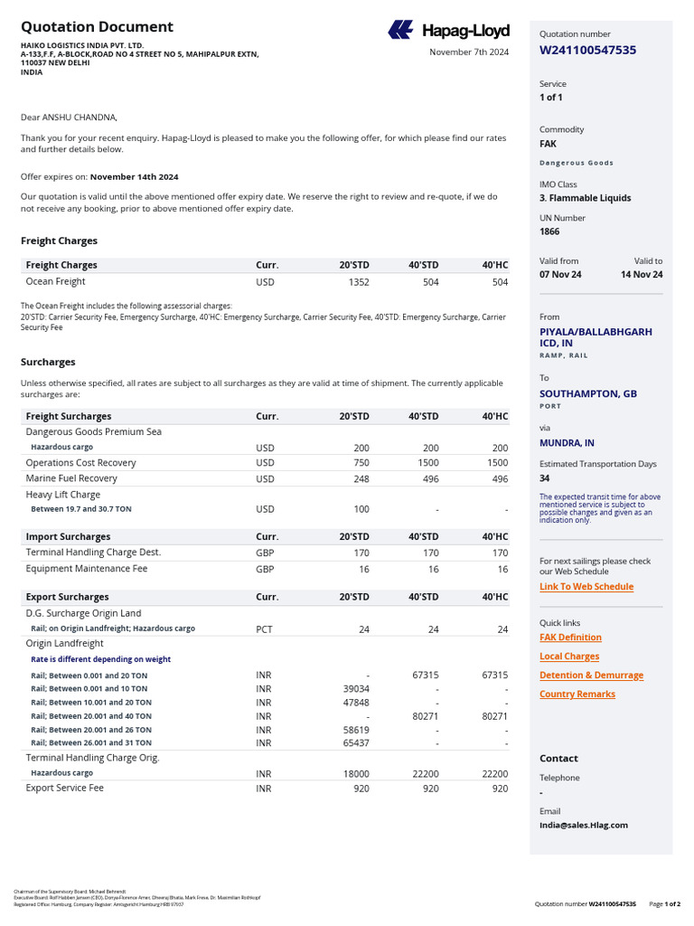 Quotation w241100547535 Inbfr Gbsou | PDF | Cargo | Dangerous Goods