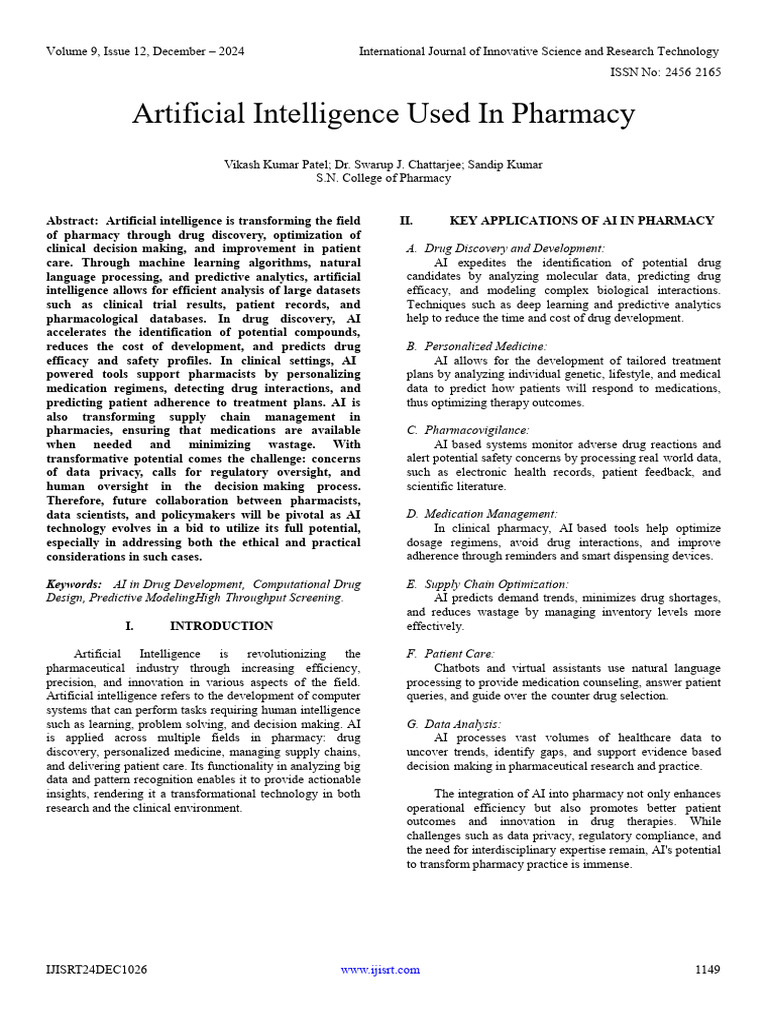 Artificial Intelligence Used In Pharmacy | PDF | Pharmacy | Artificial Intelligence