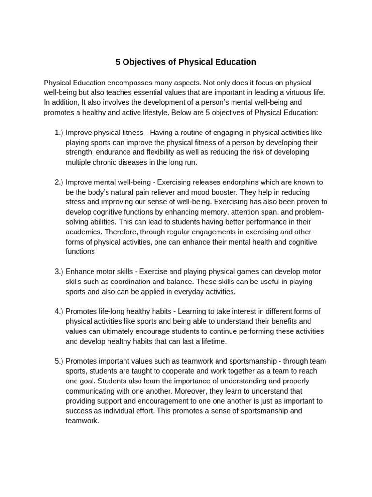 PE 5 Objectives | PDF