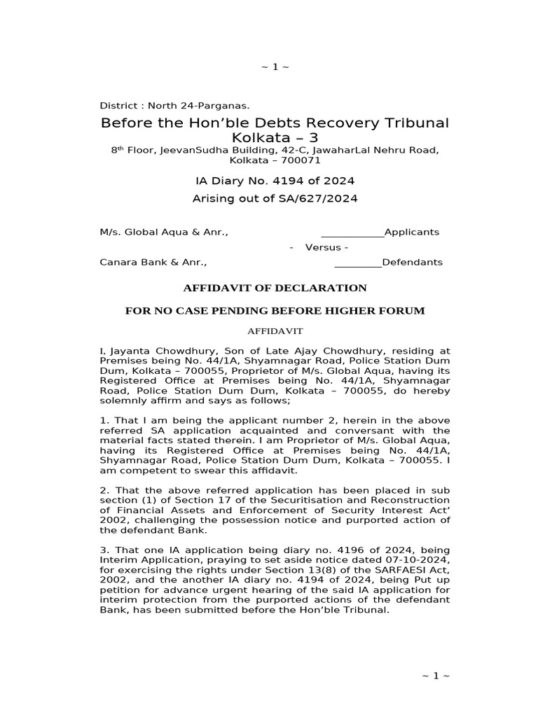 Affidavit of Declaration - NO CASE PENDING BEFORE HIGH FORUM - Global ...