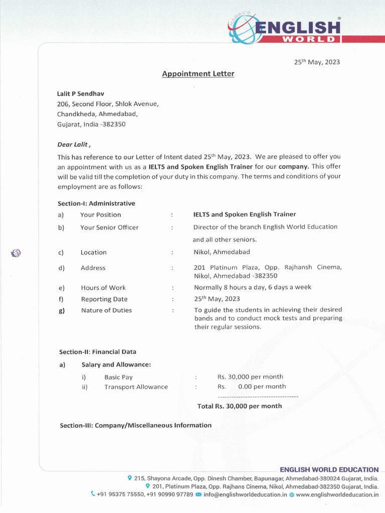 Appointment Letter Lalit | PDF