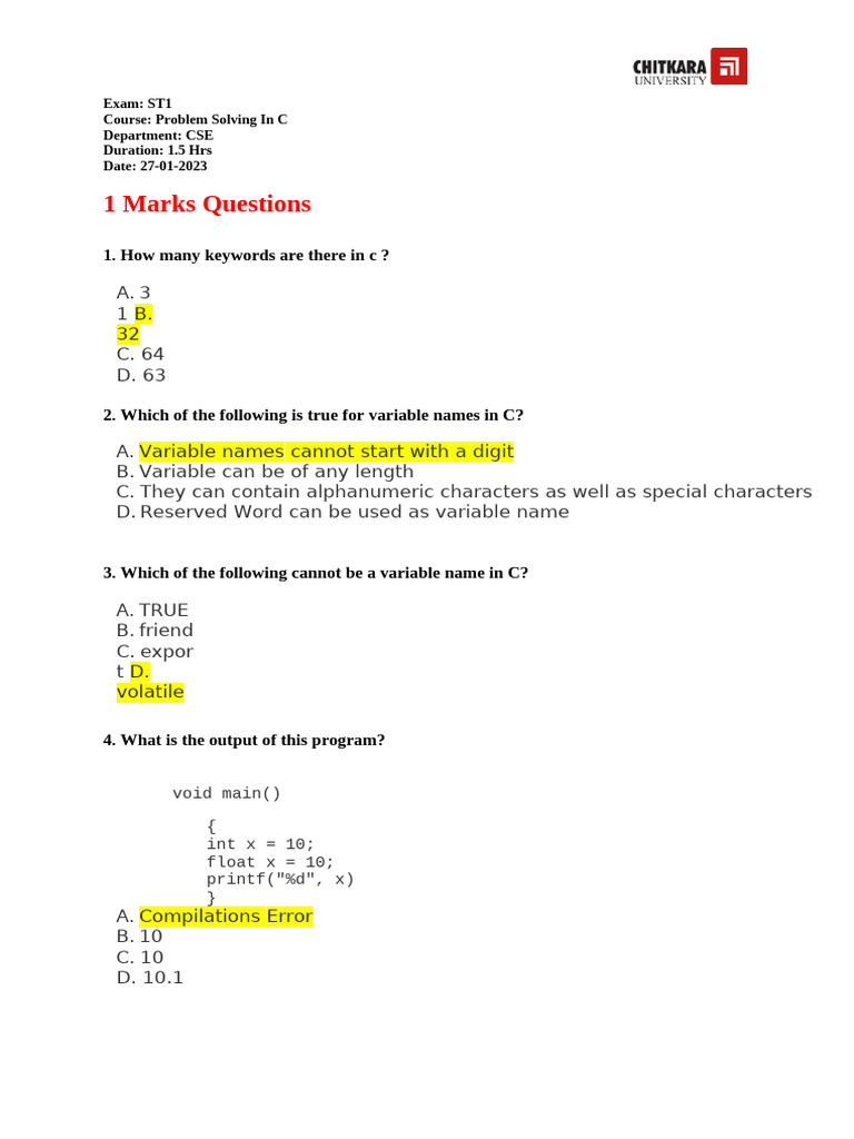C ST1 - Set 2 | PDF | Software Development | Computer Engineering