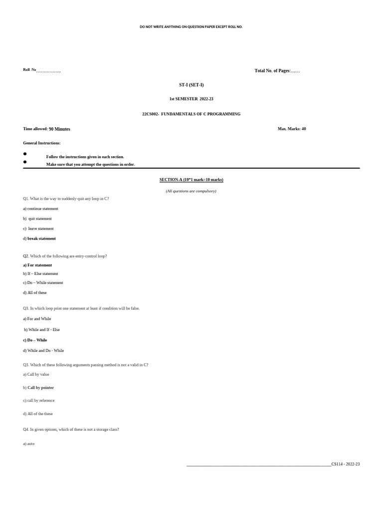 C ST 2 - CSE 2022 - Set 15 | PDF | Pointer (Computer Programming) | Computing