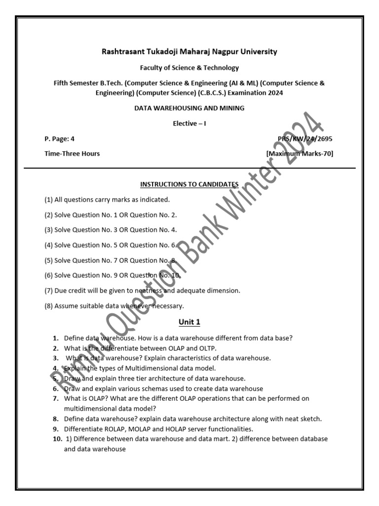 B.Tech Exam 2024: Data Warehousing & Mining | PDF | Data Warehouse | Cluster Analysis
