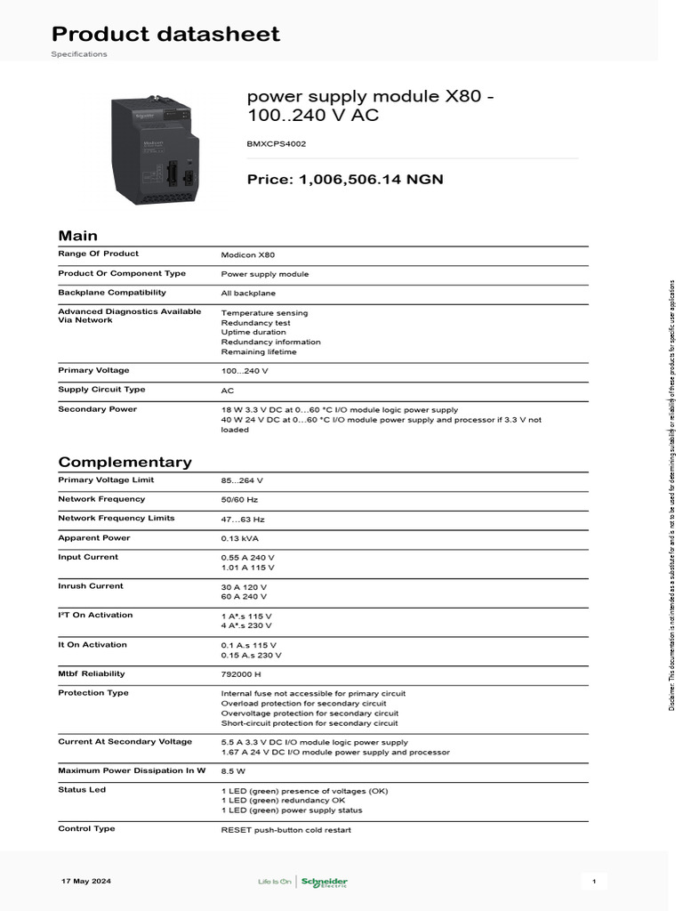 Schneider Electric - Modicon-X80-I-Os - BMXCPS4002 | PDF | Power Supply ...