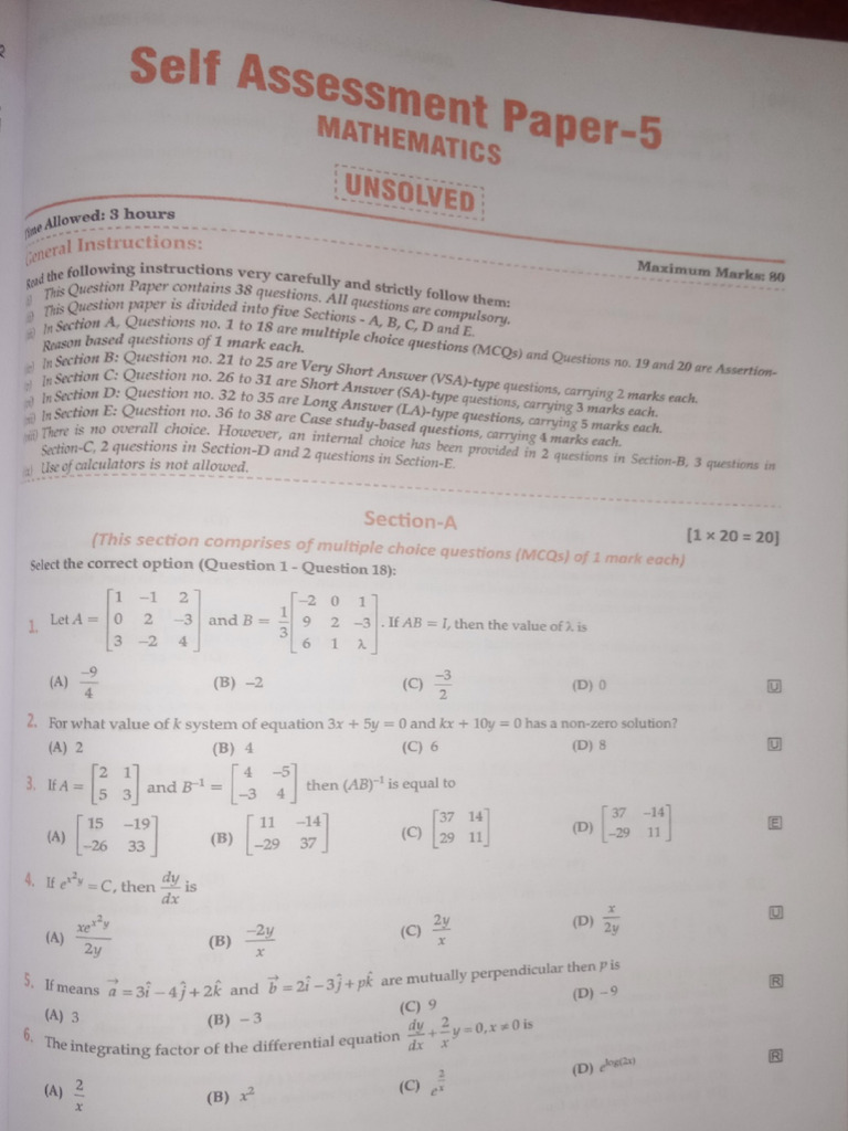 Self Assessment Paper 4 | PDF