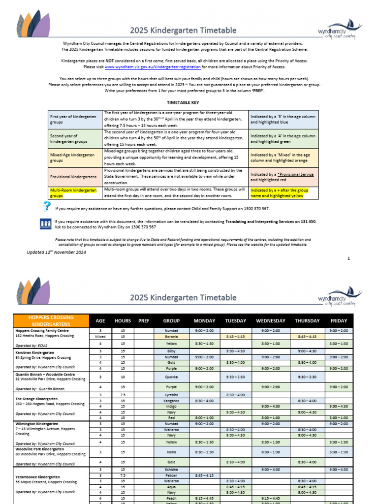 2025 - Kindergarten Timetable (141124) | PDF