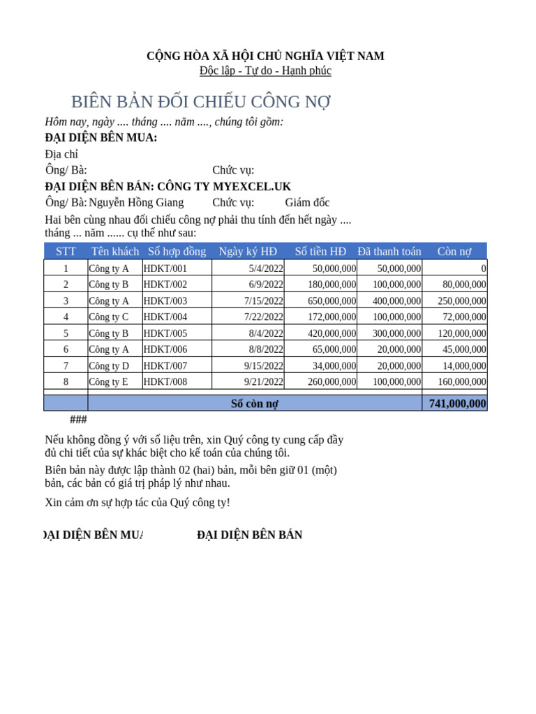 Bien Ban Doi Chieu Cong No | PDF