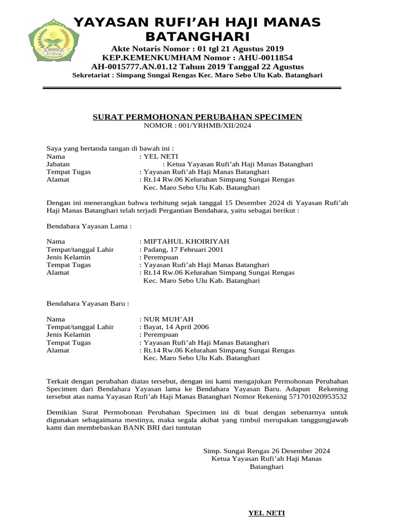 SURAT PERMOHONAN PERUBAHAN SPECIMEN | PDF