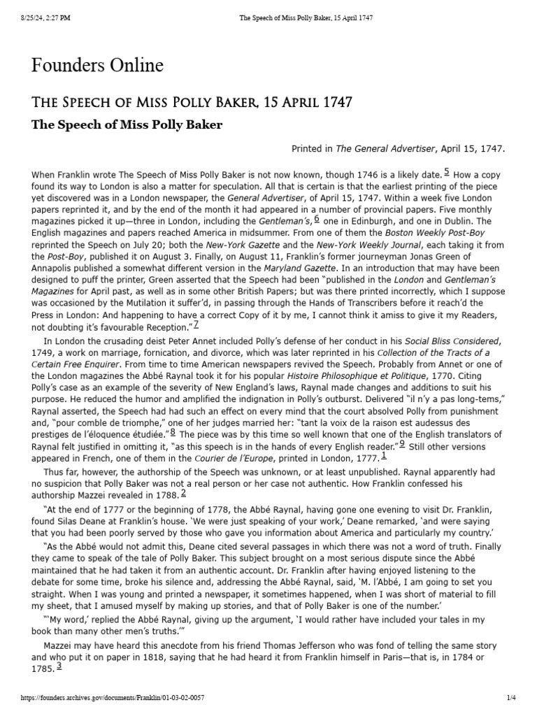 Polly Baker's 1747 Speech Analysis | PDF