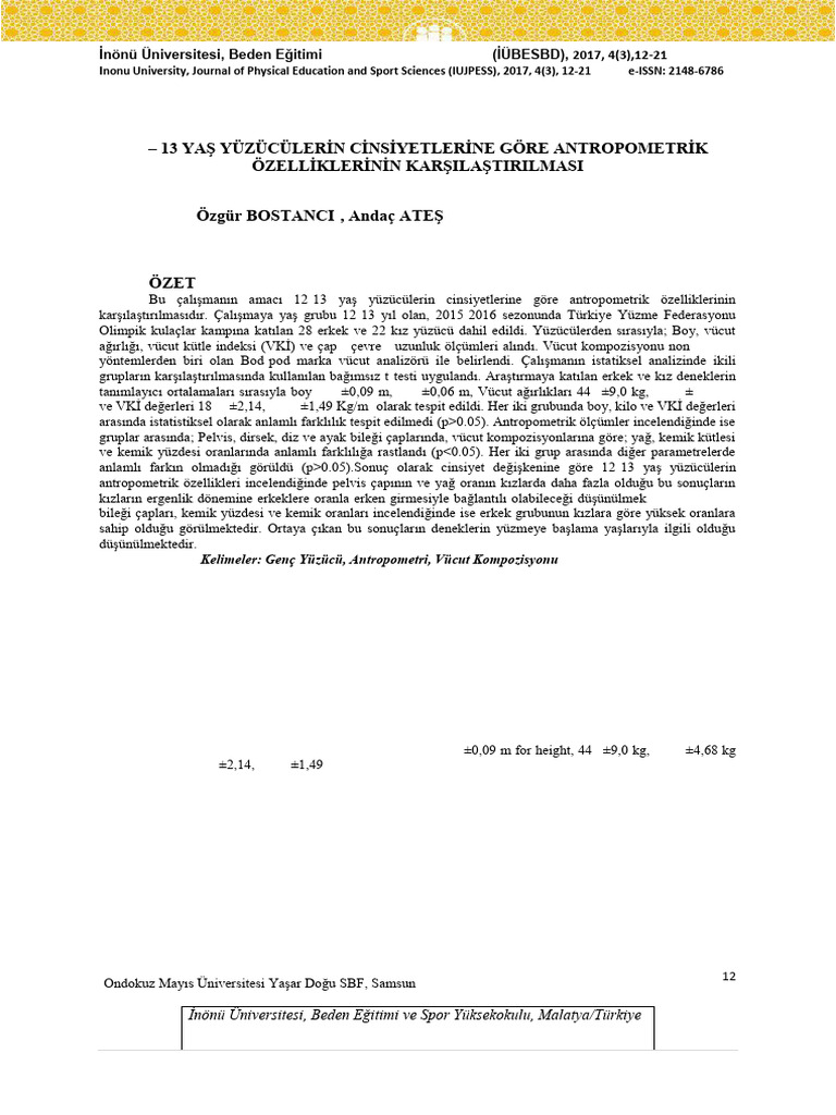 12 13 Ya y Z C Ler N C Ns Yetler Ne G Re Antropometr K Zell Kler N N Kar Ila Tirilmasi (#342209 ...