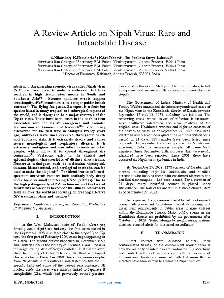 A Review Article on Nipah Virus: Rare and Intractable Disease | PDF | Infection | Health Sciences
