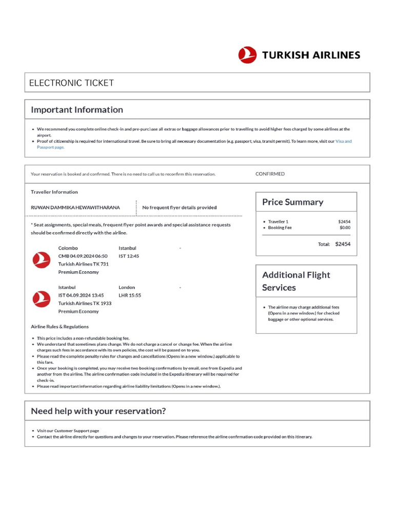 Turkish Airlines - Passanger e Ticket | PDF