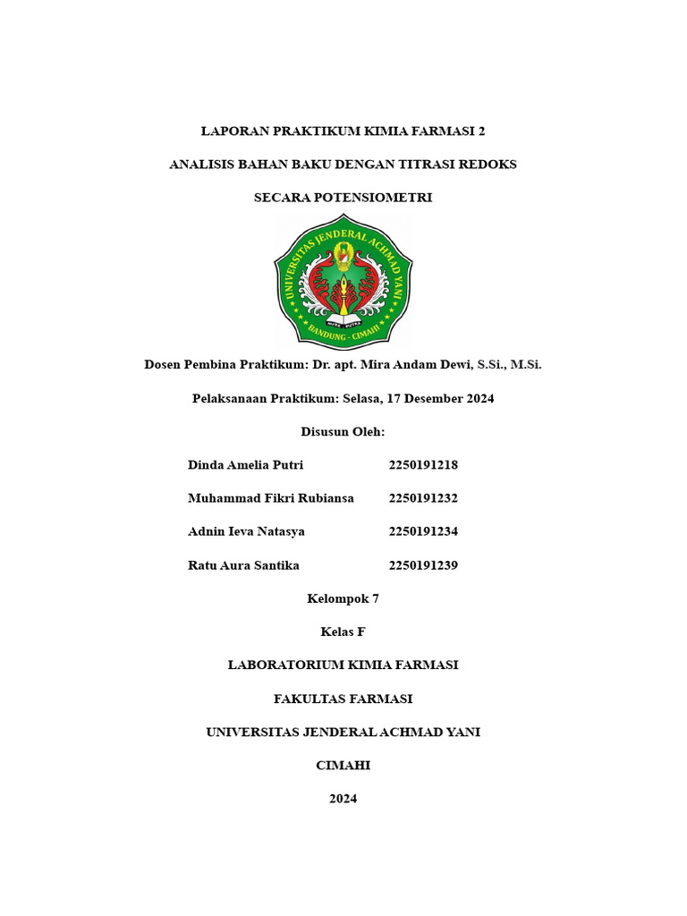 Laprak Analisis Bahan Baku Dengan Titrasi Redoks Secara Potensiometri | PDF