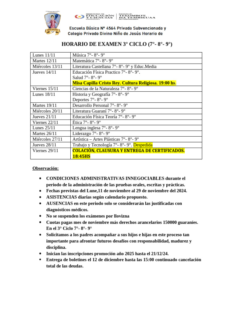 HORARIO DE EXAMEN FINAL 3° Ciclo | PDF