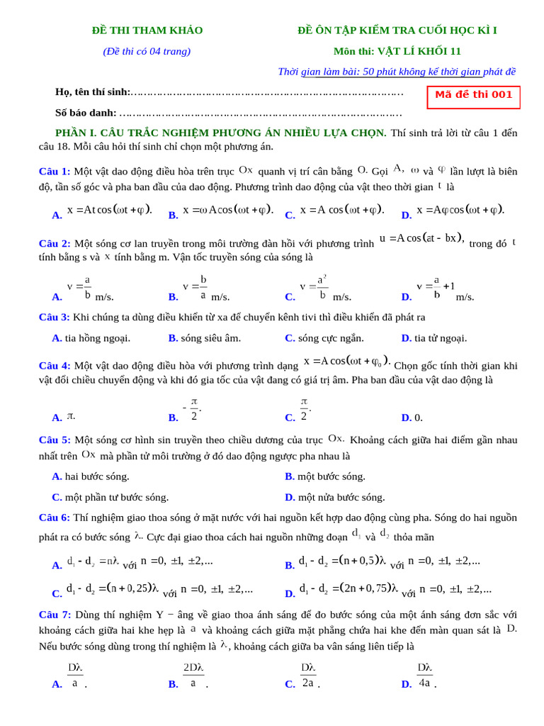 01. de Kiem Tra Cuoi Hoc Ki i Vat Li Khoi 11 Form Moi (1) | PDF