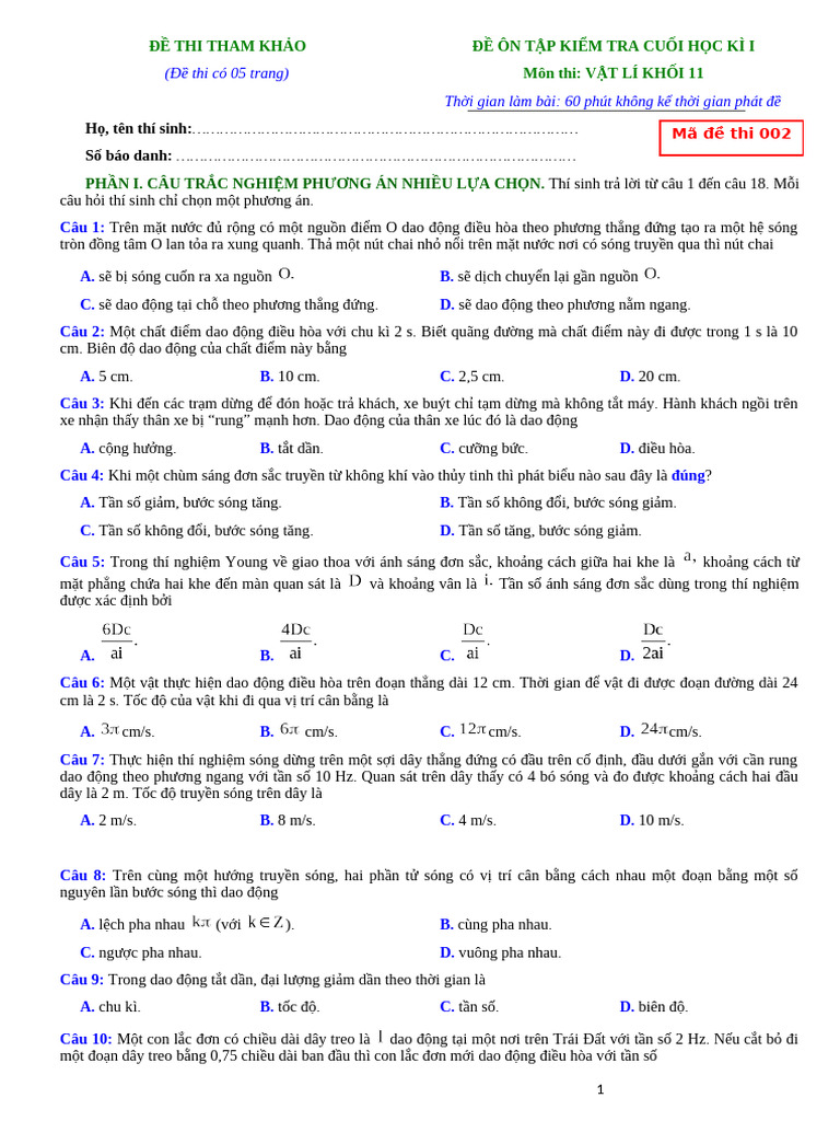 de Kiem Tra Cuoi Hoc Ki I Vat Li Khoi 11 Form Moi | PDF