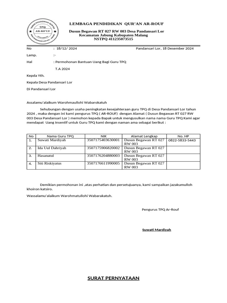 Ar-Rouf Pengajuan TPQ Dan Surat Pernyataaan TPQ | PDF