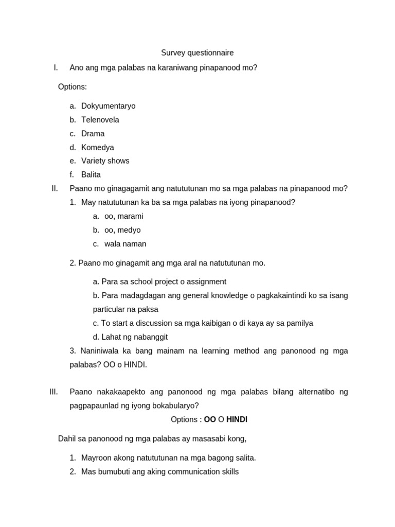 Filipino TV Show Sample Survey Questions | PDF