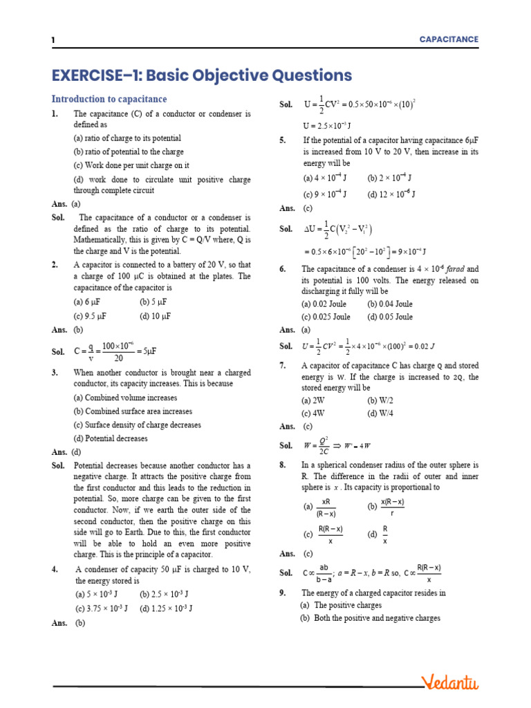 EXERCISE-1: Basic Objective Questions: Introduction To Capacitance | PDF | Capacitance | Capacitor