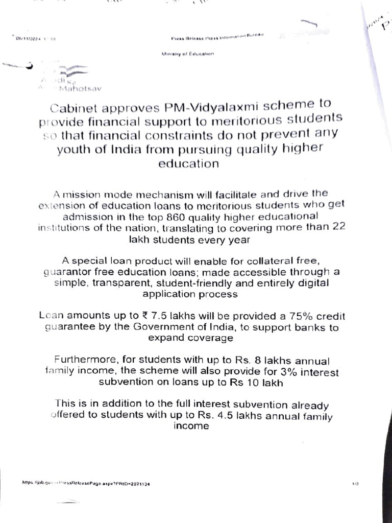 PM Vidyalaxmi Scheme For Providing Financial Support To Students | PDF ...