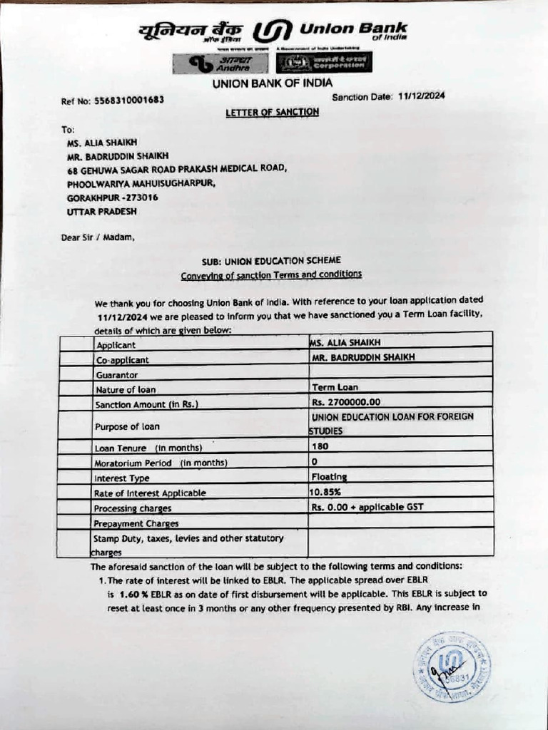 Tlqa O (Nunlon Bank: Letter of Sanction | PDF