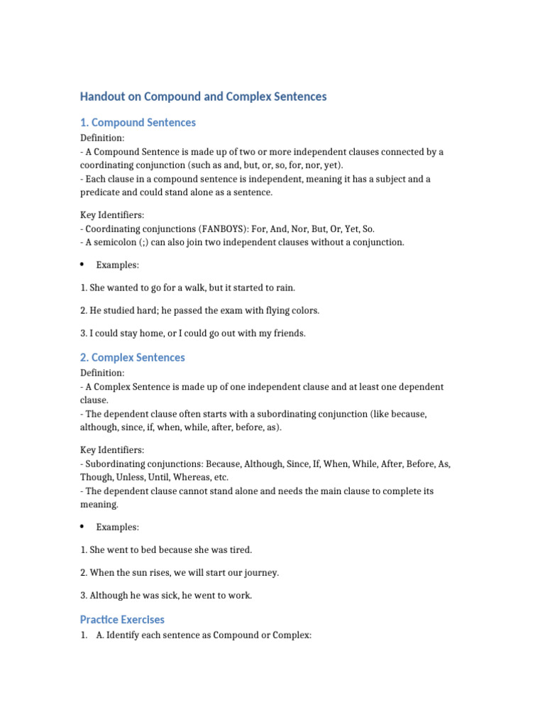 Compound Complex Sentences Handout | PDF | Syntax | Grammar