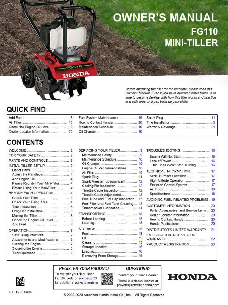 Honda FG110 - Mini-Tiller - Owners Manual - 00X31V250486 | PDF | Gasoline