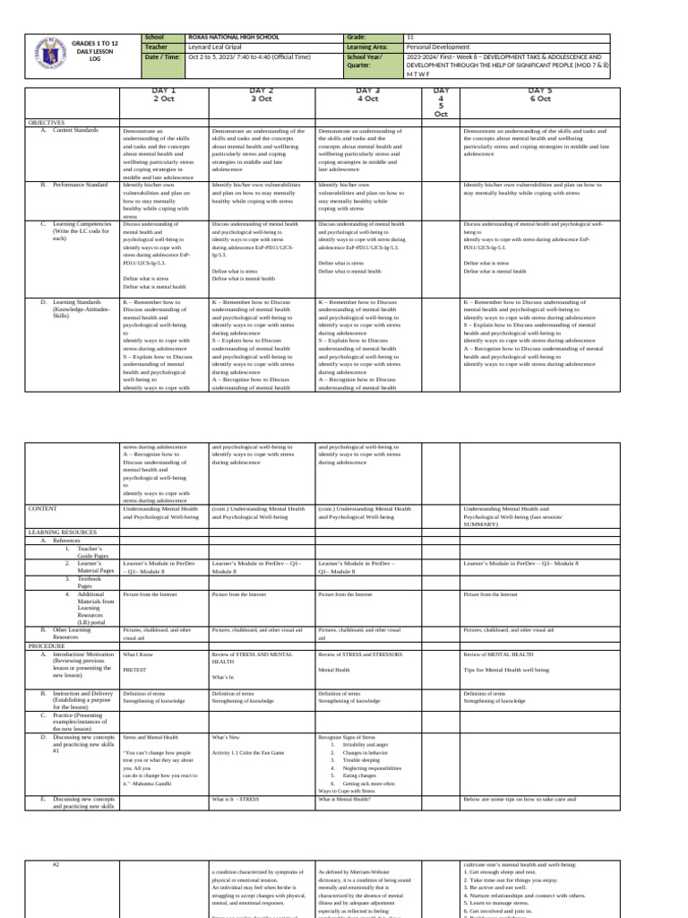 DAILY LESSON PLAN PerDev - Week6 | PDF | Stress (Biology) | Mental Health