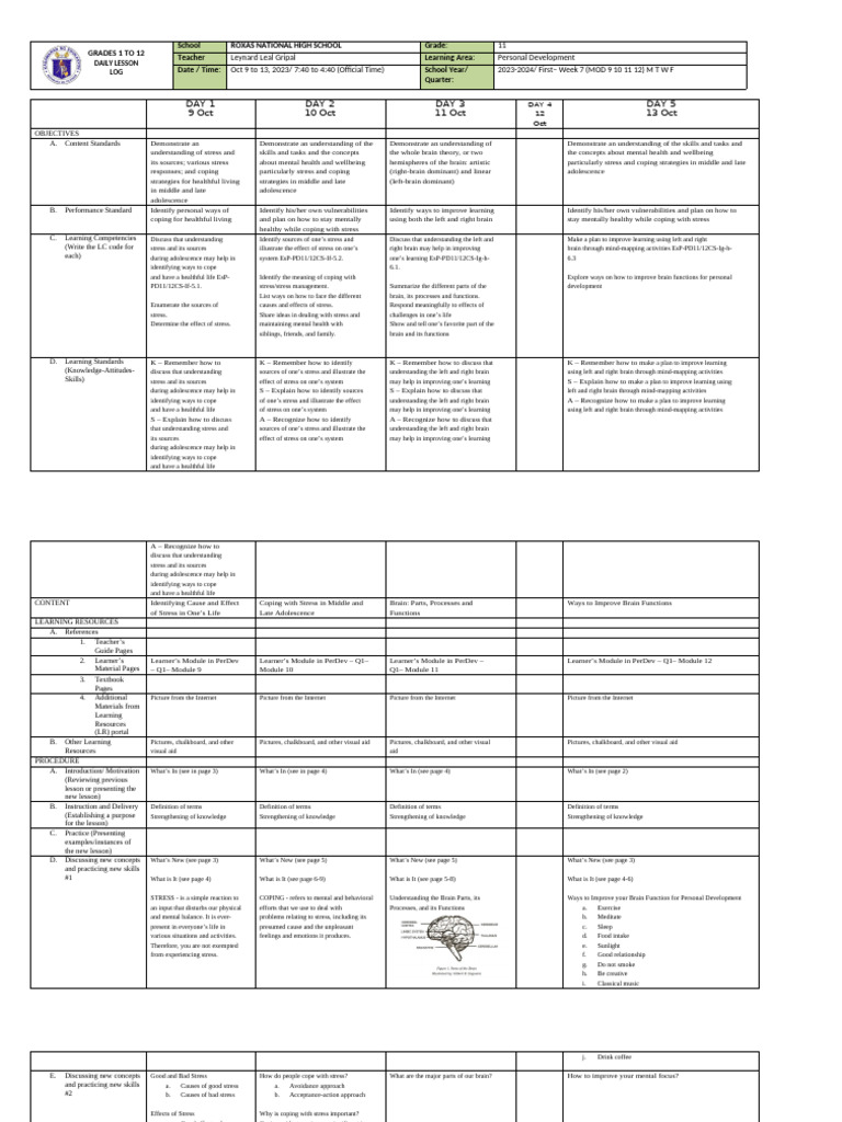 DAILY-LESSON-PLAN-PerDev_Week7 | PDF | Stress (Biology) | Learning