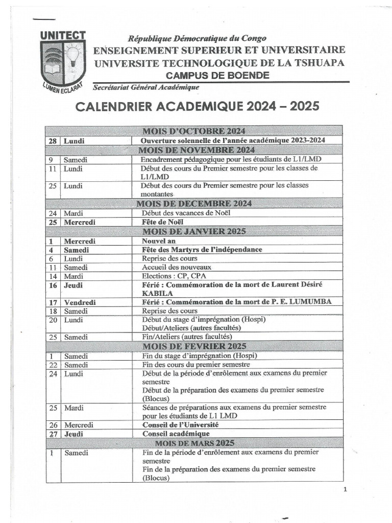 Calendrier Academique 2024-2025 | PDF