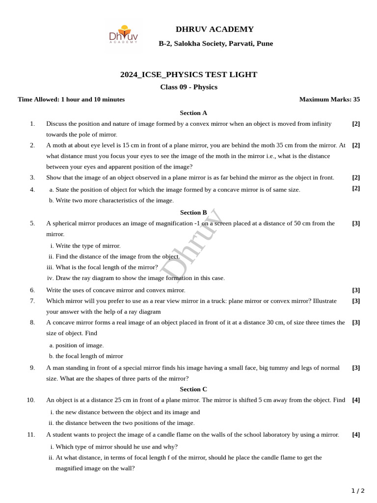 ICSE Class 9 Physics Test on Light | PDF | Mirror | Glass Engineering ...