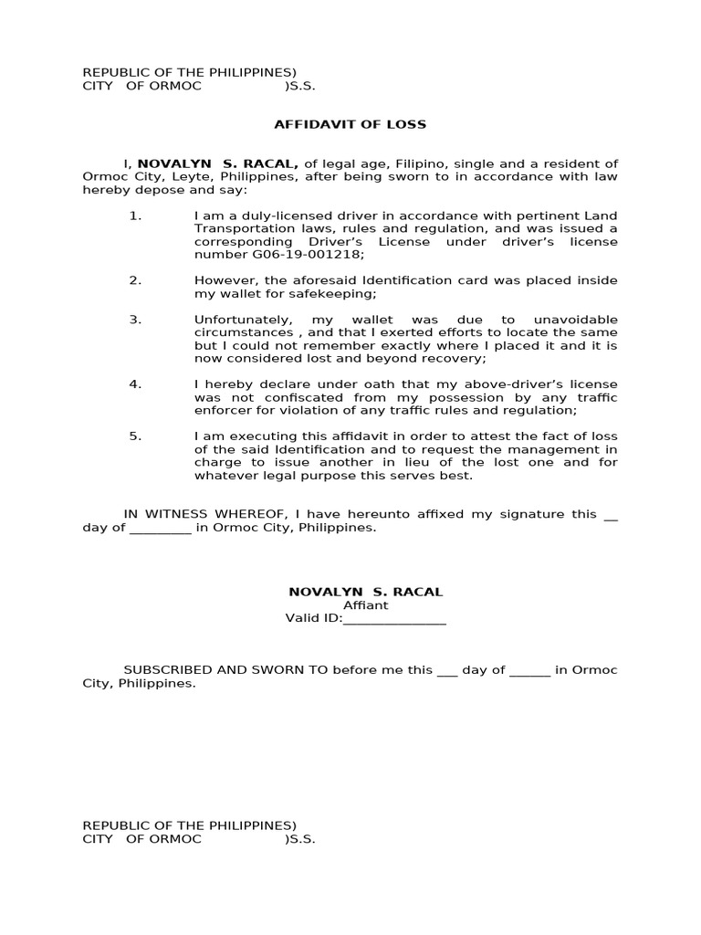Affidavit of loss-Driver's License Card | PDF | Affidavit | Identity Document