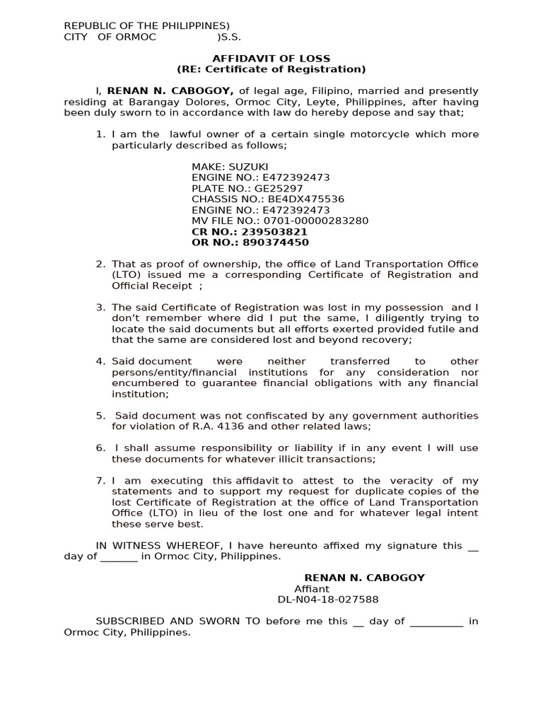 Affidavit of Loss-OR-CR | PDF | Affidavit | Civil Law (Common Law)
