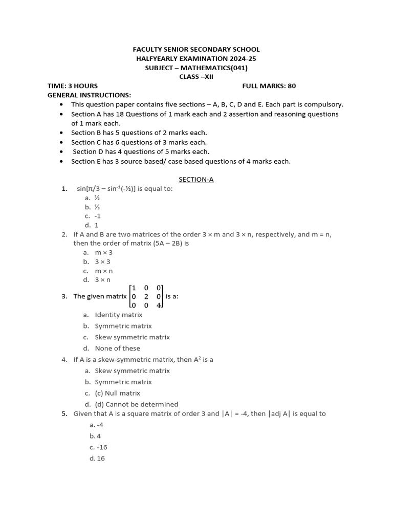 Class XII Math Exam Paper | PDF | Matrix (Mathematics) | Function ...