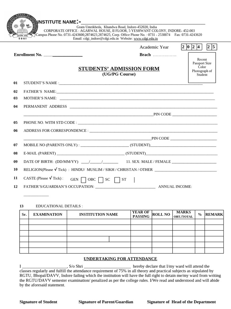 CDGI Student Admission Form | PDF