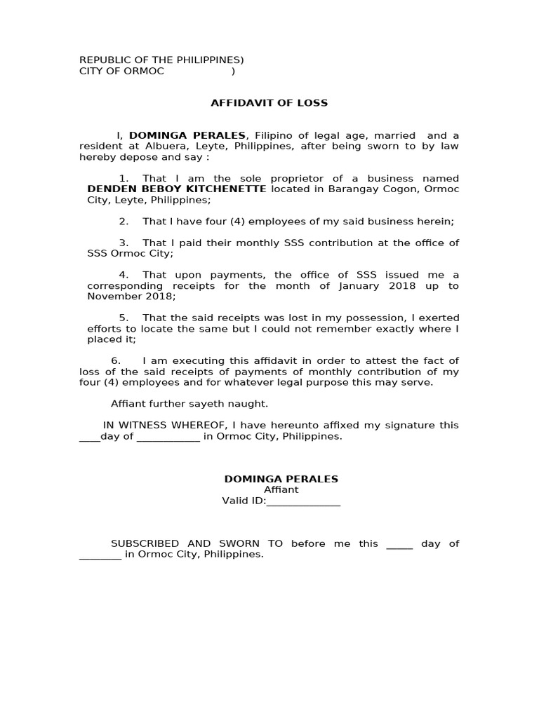 Affidavit of Loss for SSS Receipts | PDF
