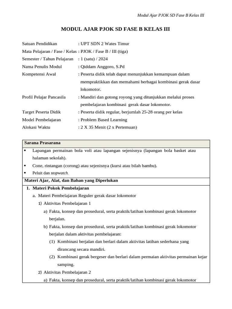 Modul Ajar PJOK Fase B Kelas 3 Kombinasi Gerak Lokomotor QDMA | PDF