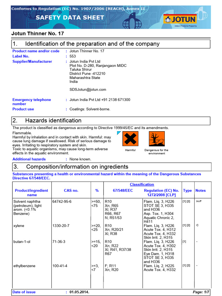 SDS - Jotun Thinner No. 17 | PDF | Occupational Safety And Health | Safety