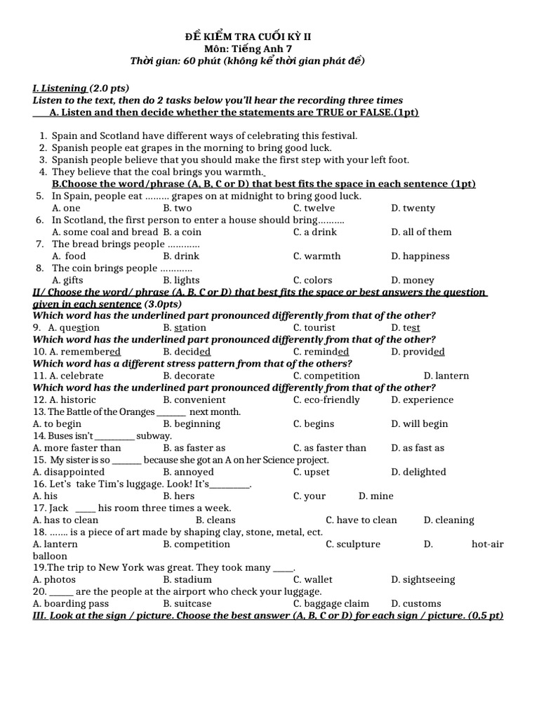 ĐỀ KT CUỐI KỲ II ANH 7 | PDF