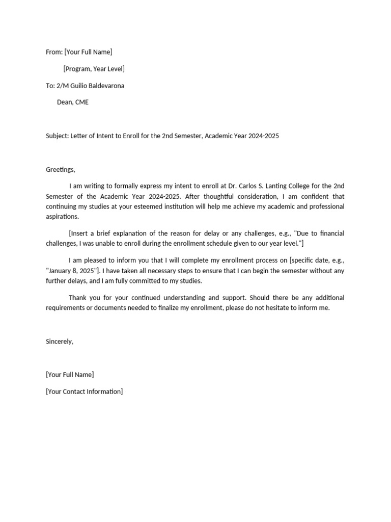 Letter of Intent To Enroll | PDF