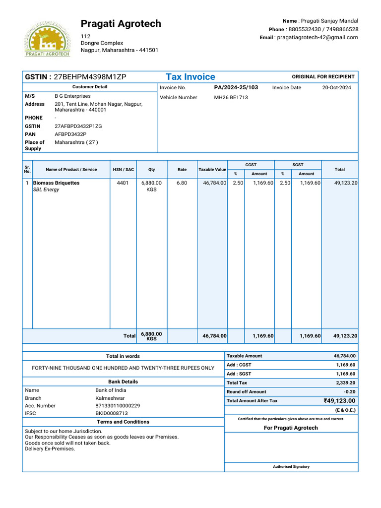 Invoice - PA 2024 25 103 B G Enterprises Margaret Bernard Dsouza 10 25 ...
