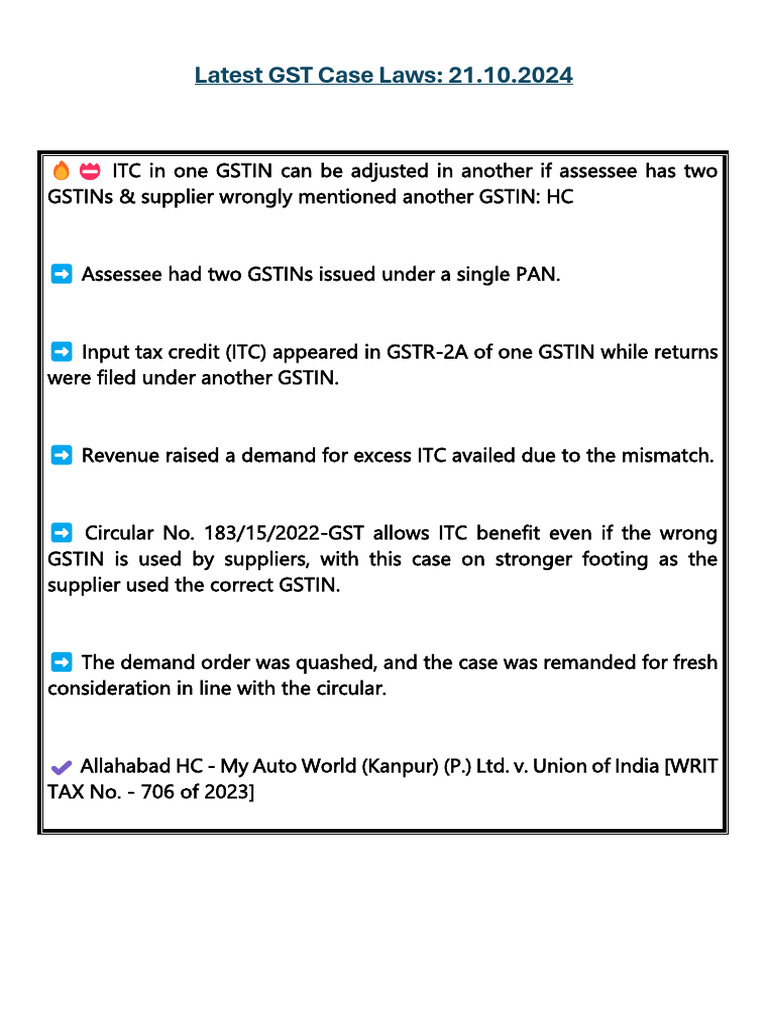 Key GST Case Laws Update - Oct 2024 | PDF | Appeal | Separation Of Powers