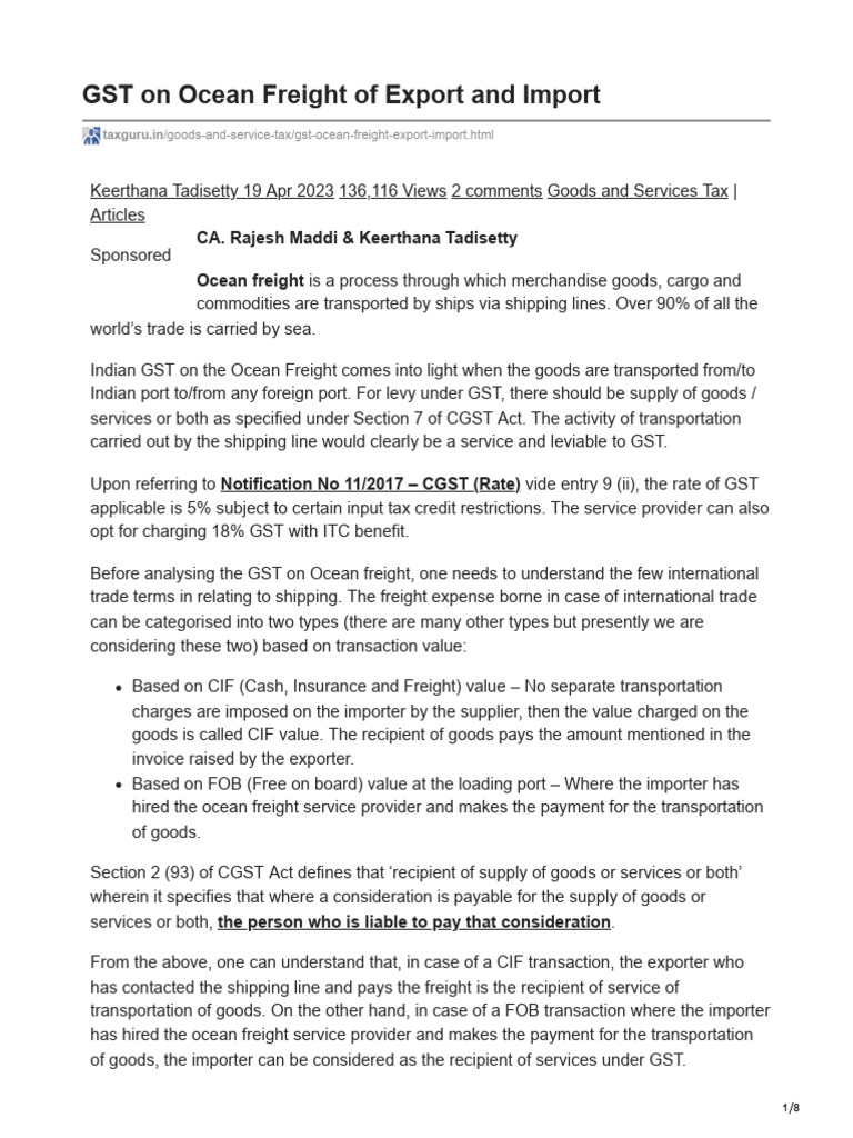Taxguru - in-gST On Ocean Freight of Export and Import | PDF | Value ...