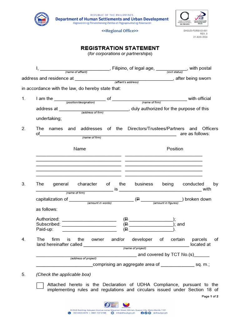 001 Sworn Registration Statement (Corp) | PDF | Government | Civil Law ...