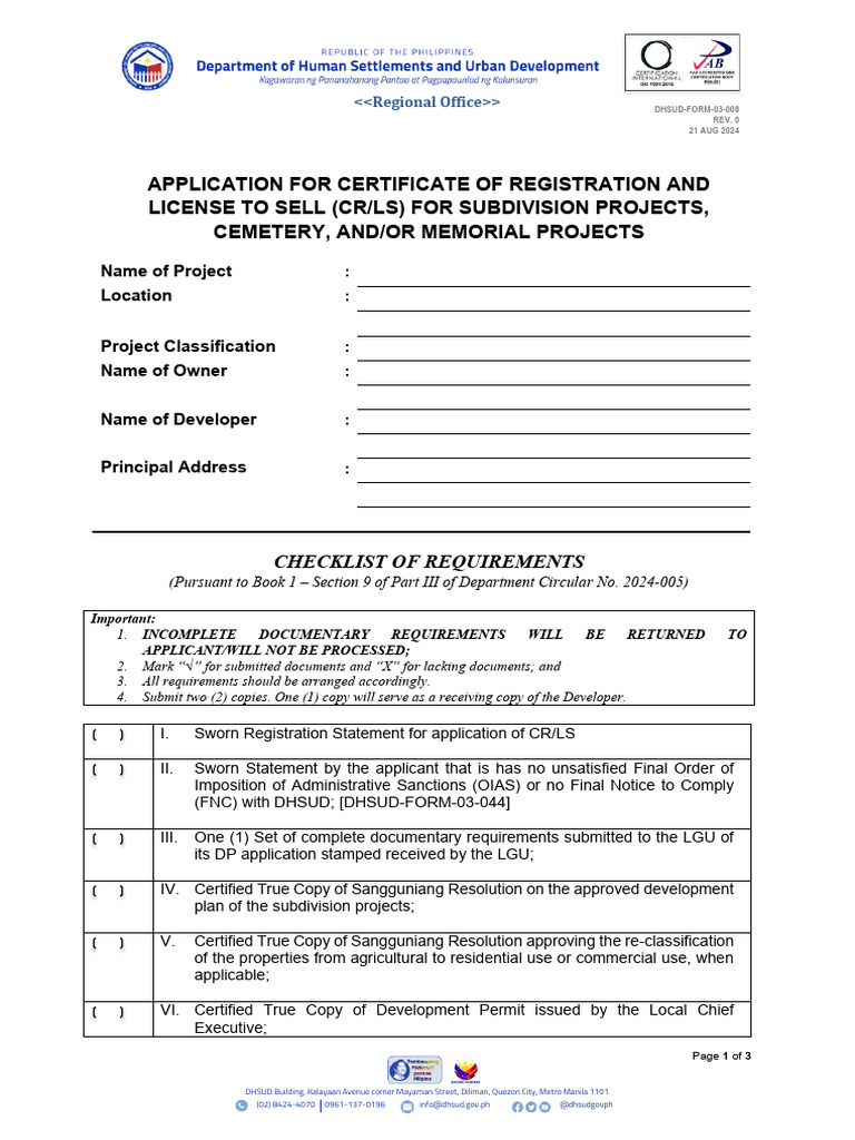 008 Application Form For CRLS For Subdivision Projects Cemetery and or ...