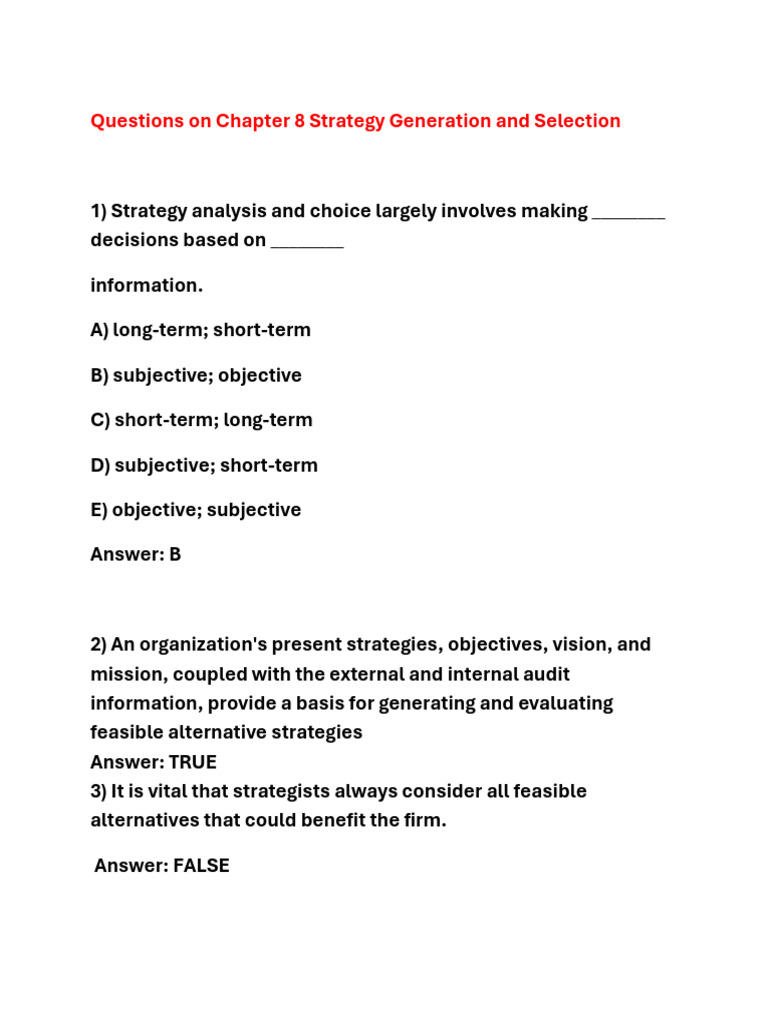 Questions on Chapter 8 Strategy Generation and Selection | PDF | Economies | Business Economics