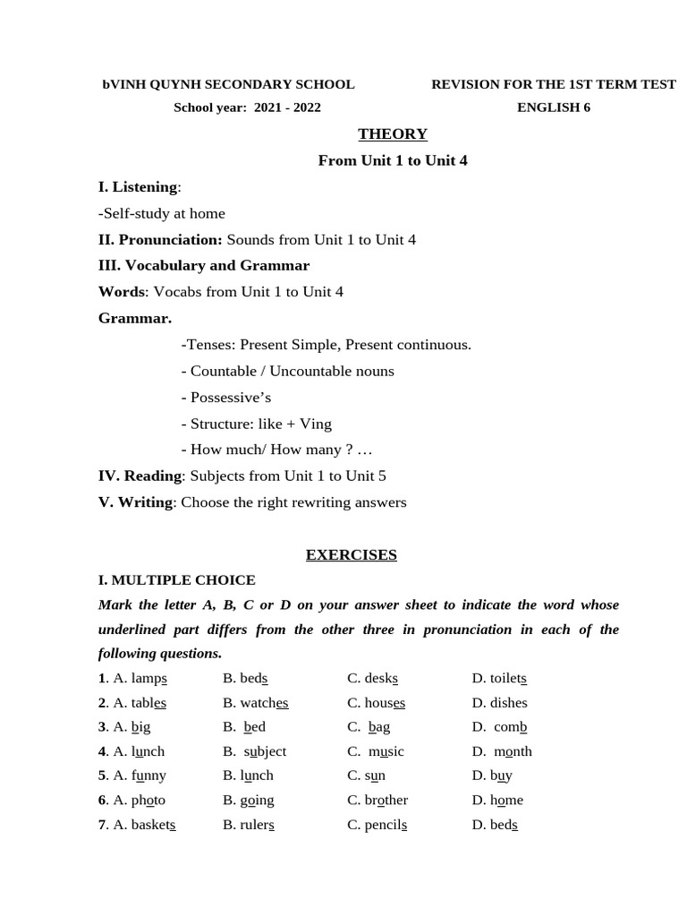 English 6 Term 1 Revision Guide | PDF | Room
